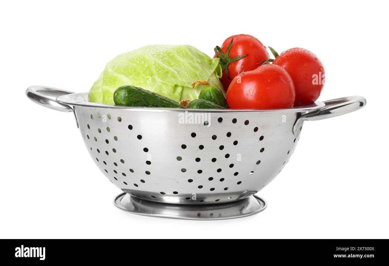 Metal colander with different vegetables isolated on white Stock Photo ...