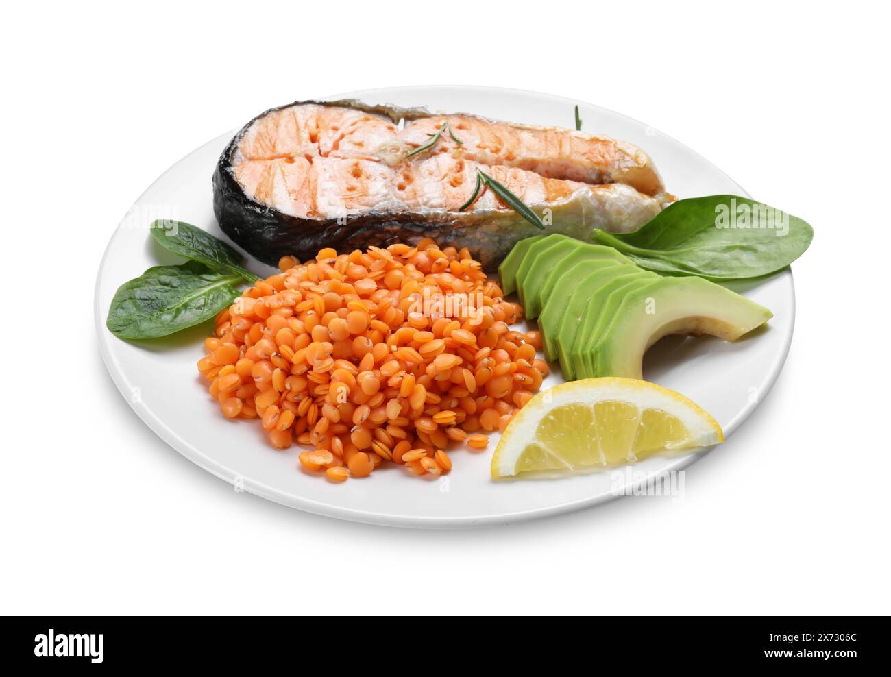 Plate with healthy food high in vegetable fats isolated on white Stock ...