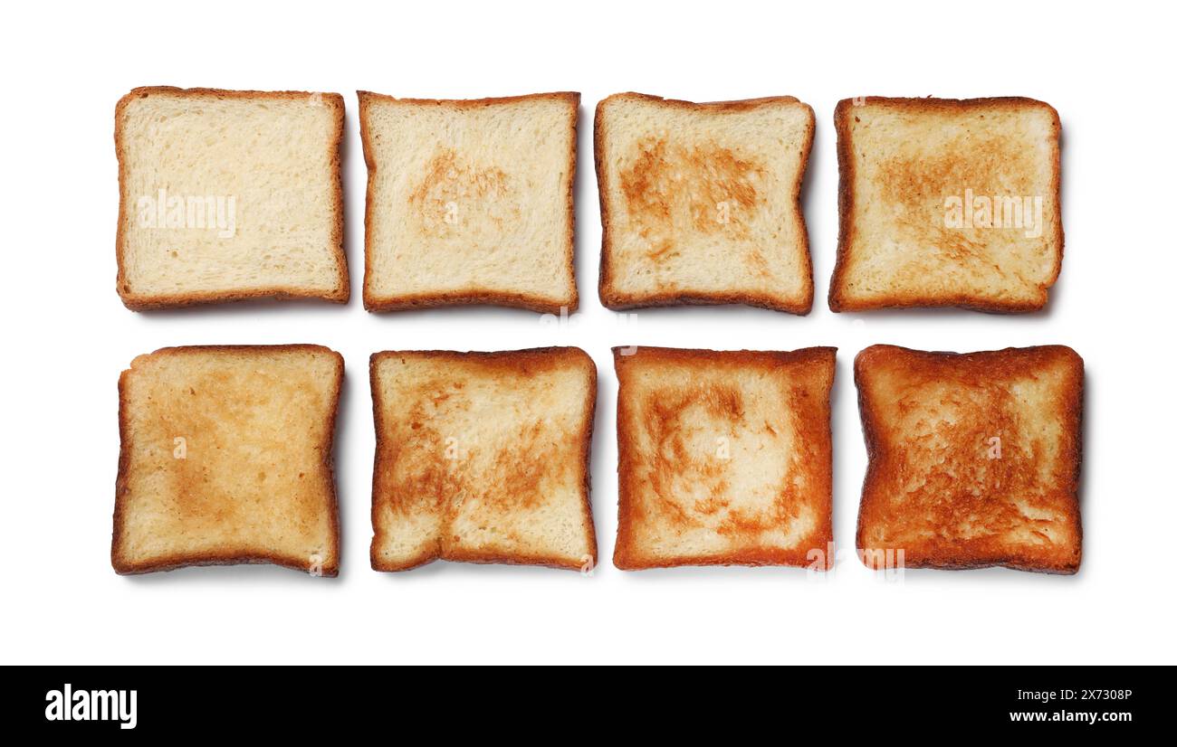 Toasting doneness. Bread slices of different shades isolated on white ...