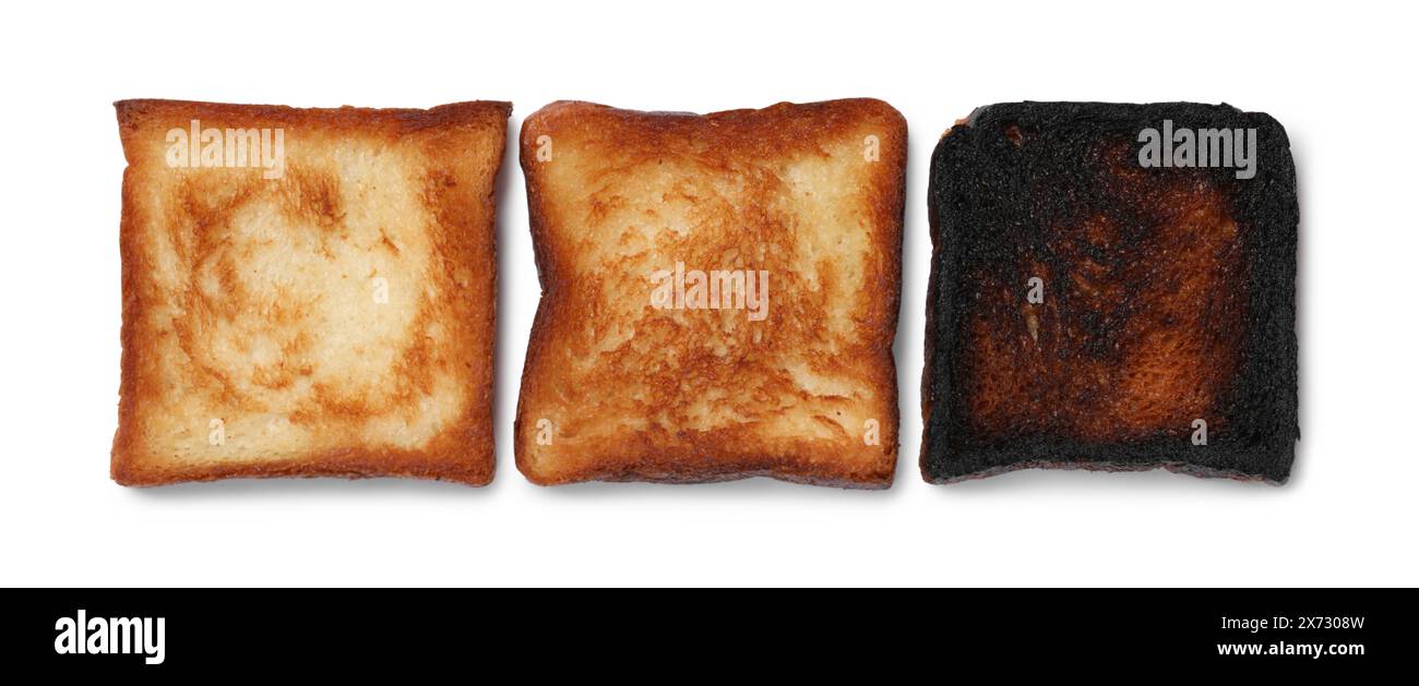 Toasting doneness. Bread slices of different shades isolated on white ...