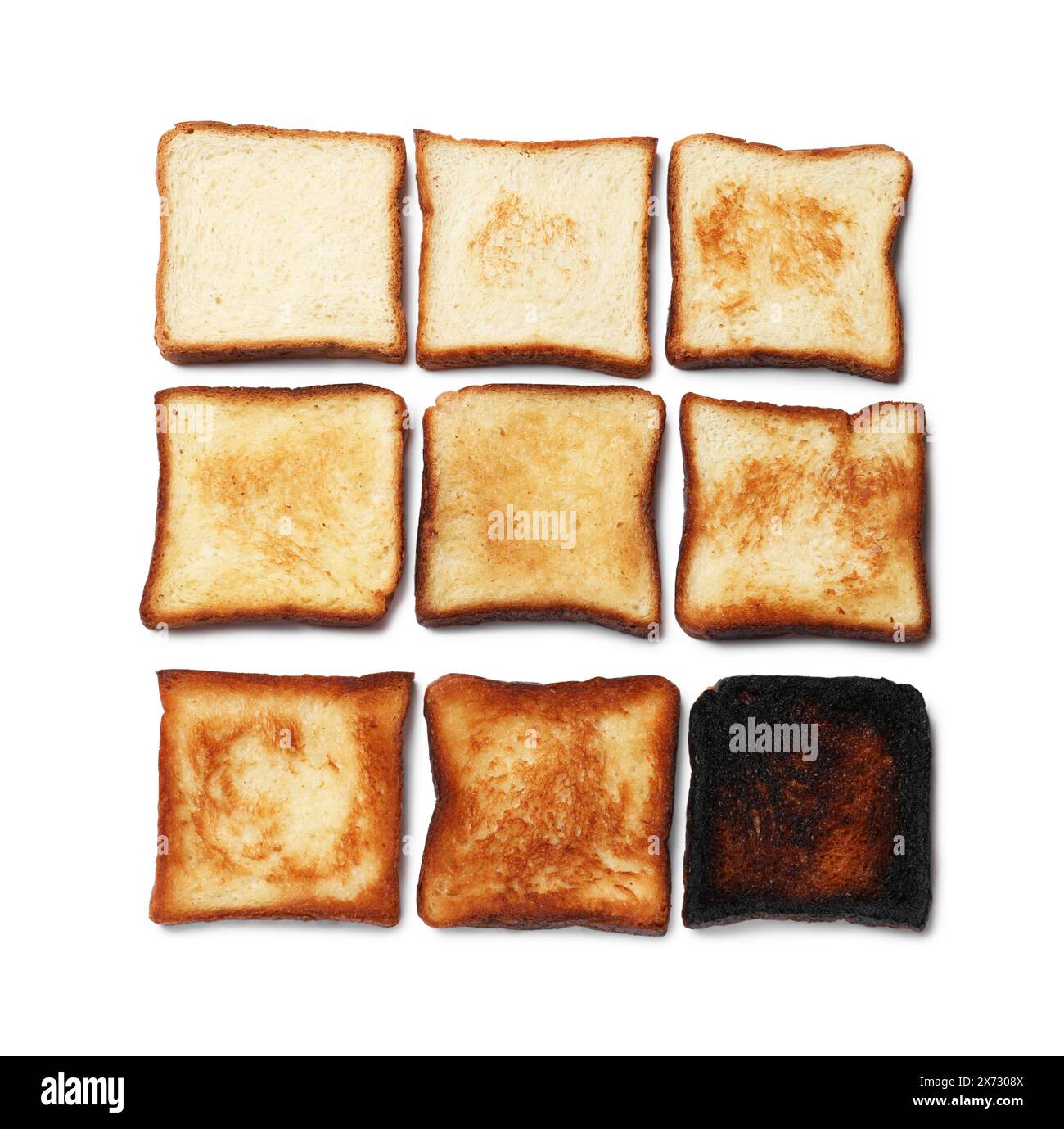 Toasting doneness. Bread slices of different shades isolated on white ...