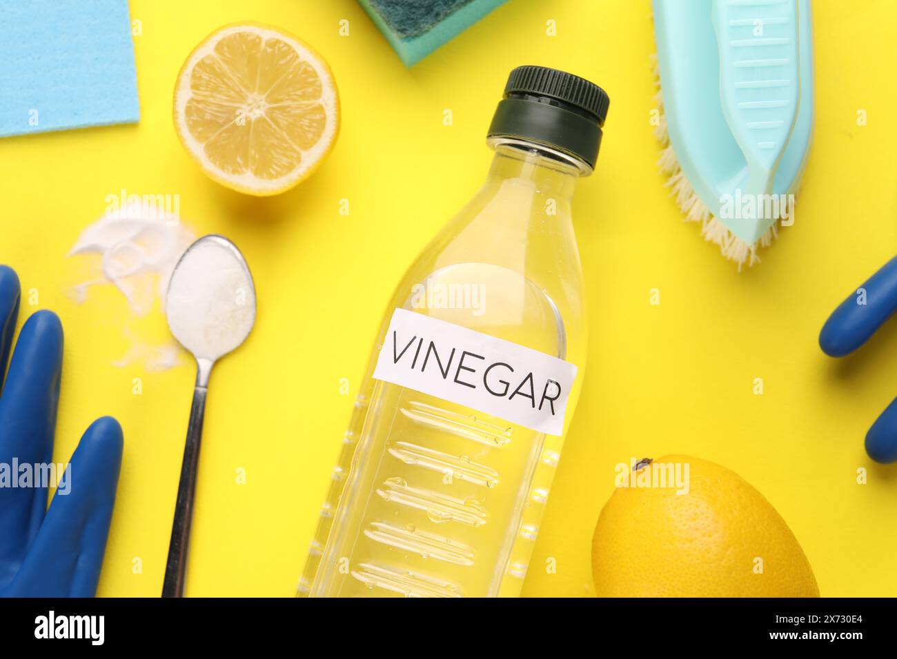 Eco friendly natural cleaners. Flat lay composition with bottle of ...