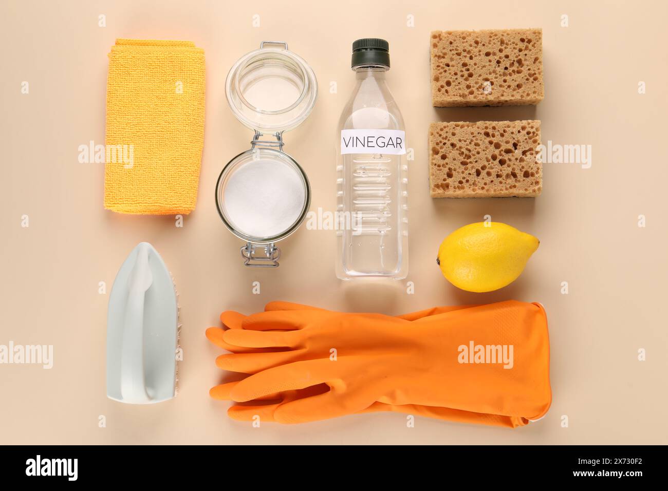 Eco friendly natural cleaners. Flat lay composition with bottle of ...