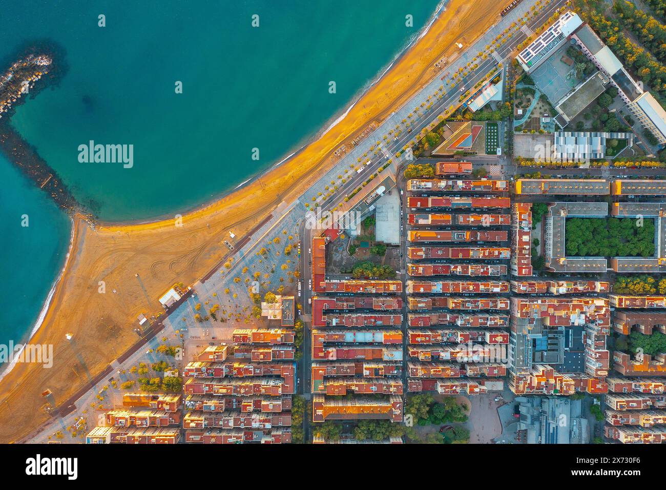 View of residential buildings on the oceanfront in Barcelona Spain. Sea ...