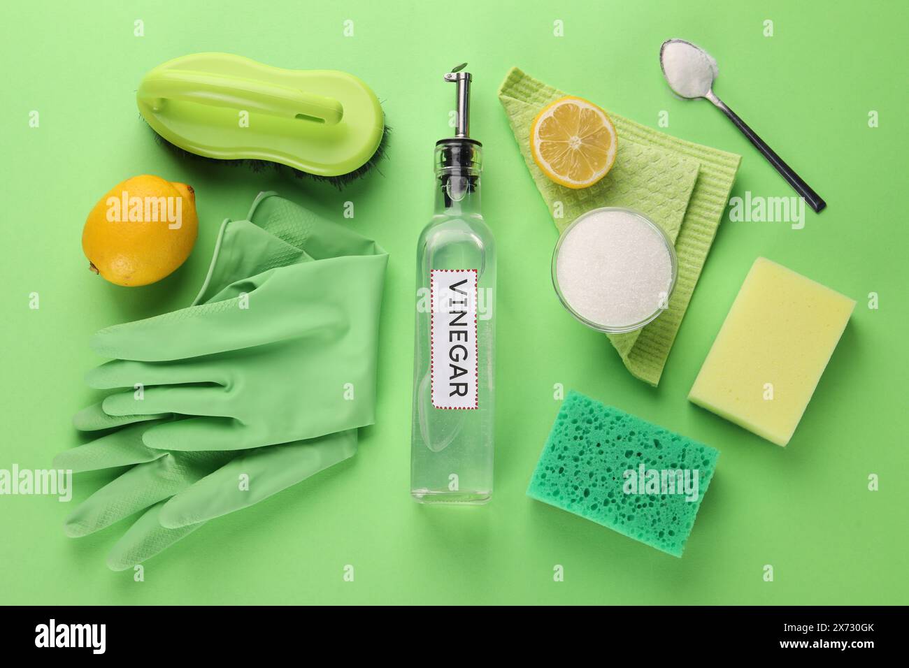 Eco friendly natural cleaners. Flat lay composition with bottle of ...