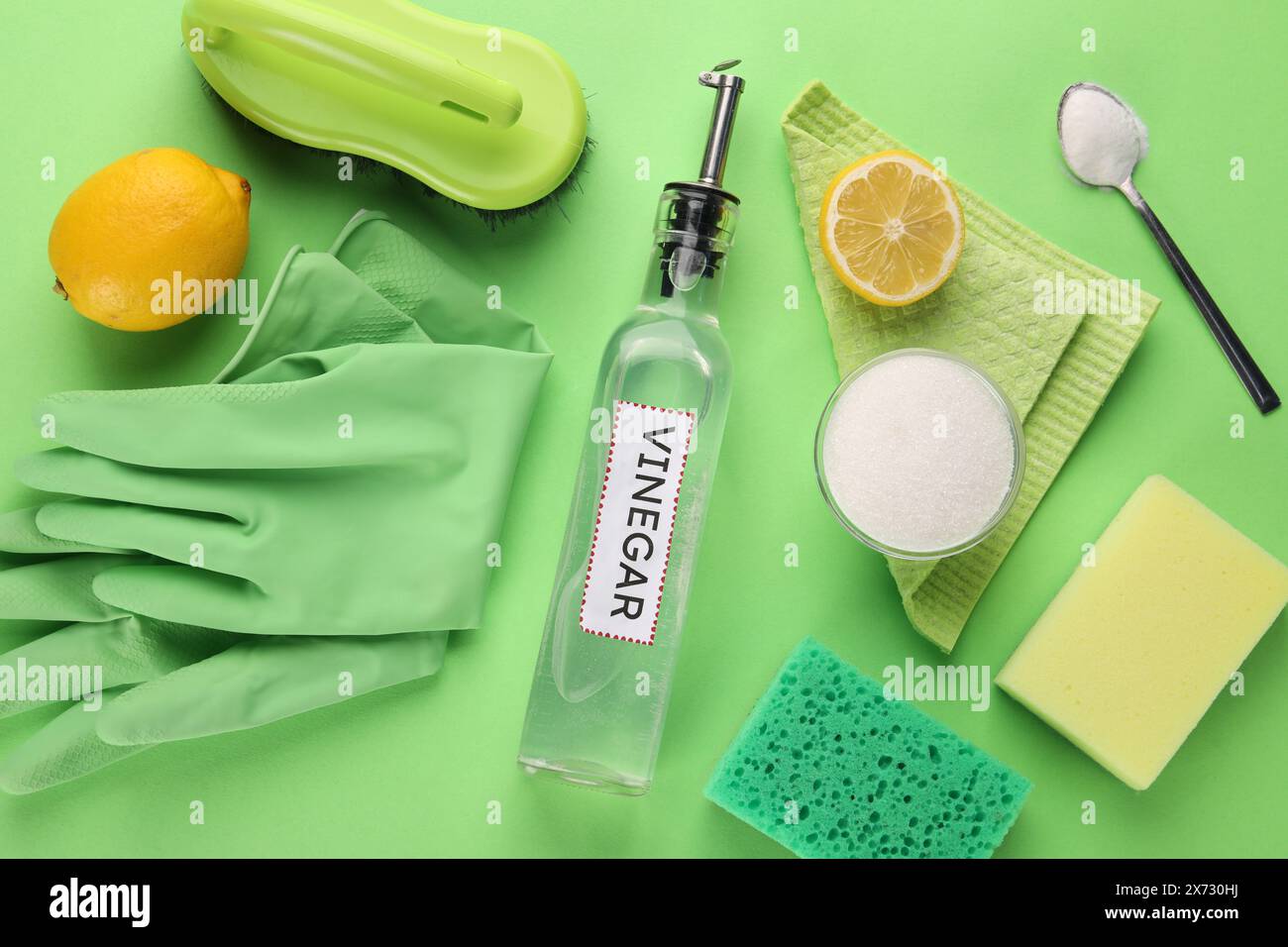 Eco friendly natural cleaners. Flat lay composition with bottle of ...