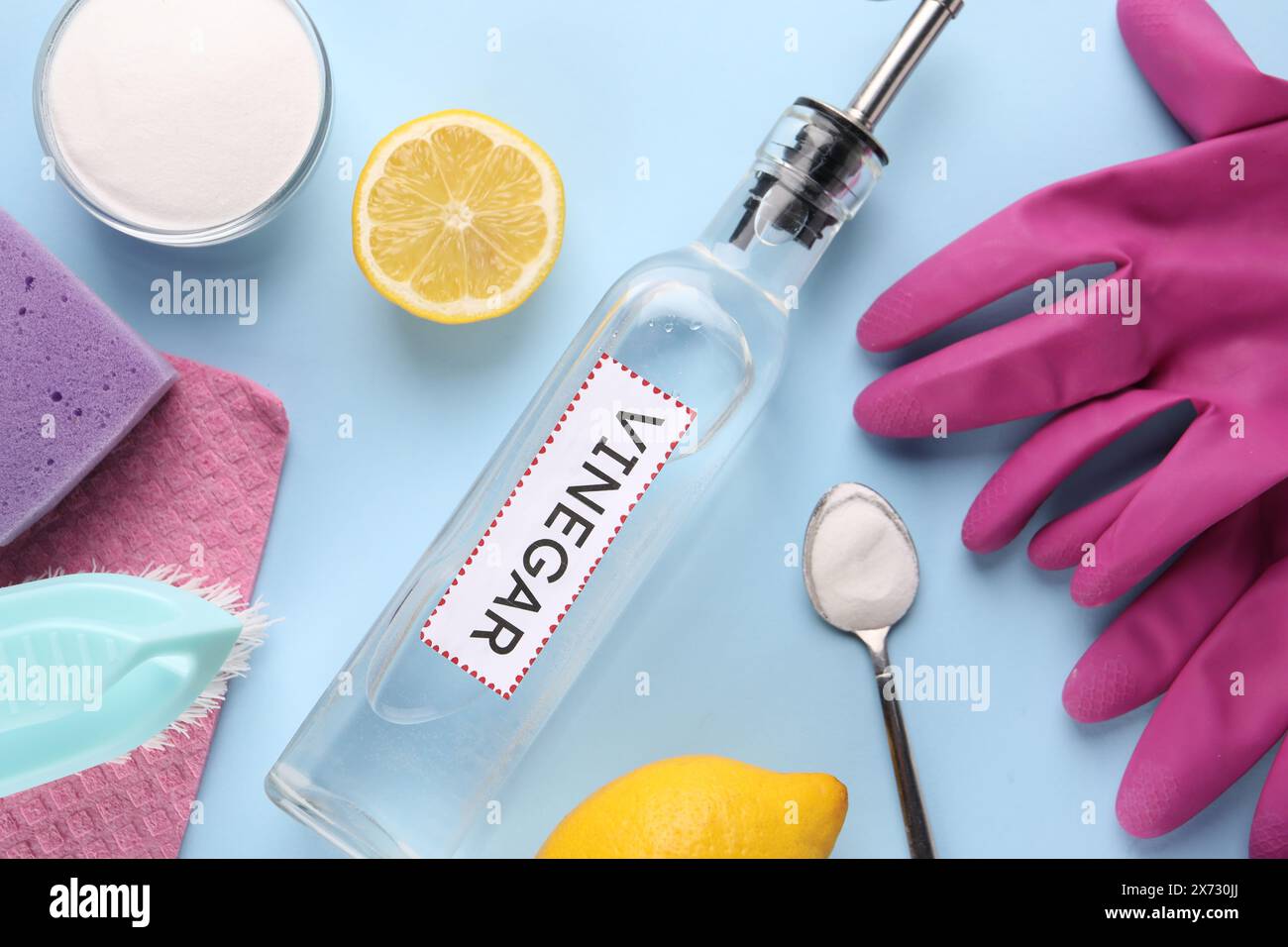 Eco friendly natural cleaners. Flat lay composition with bottle of ...