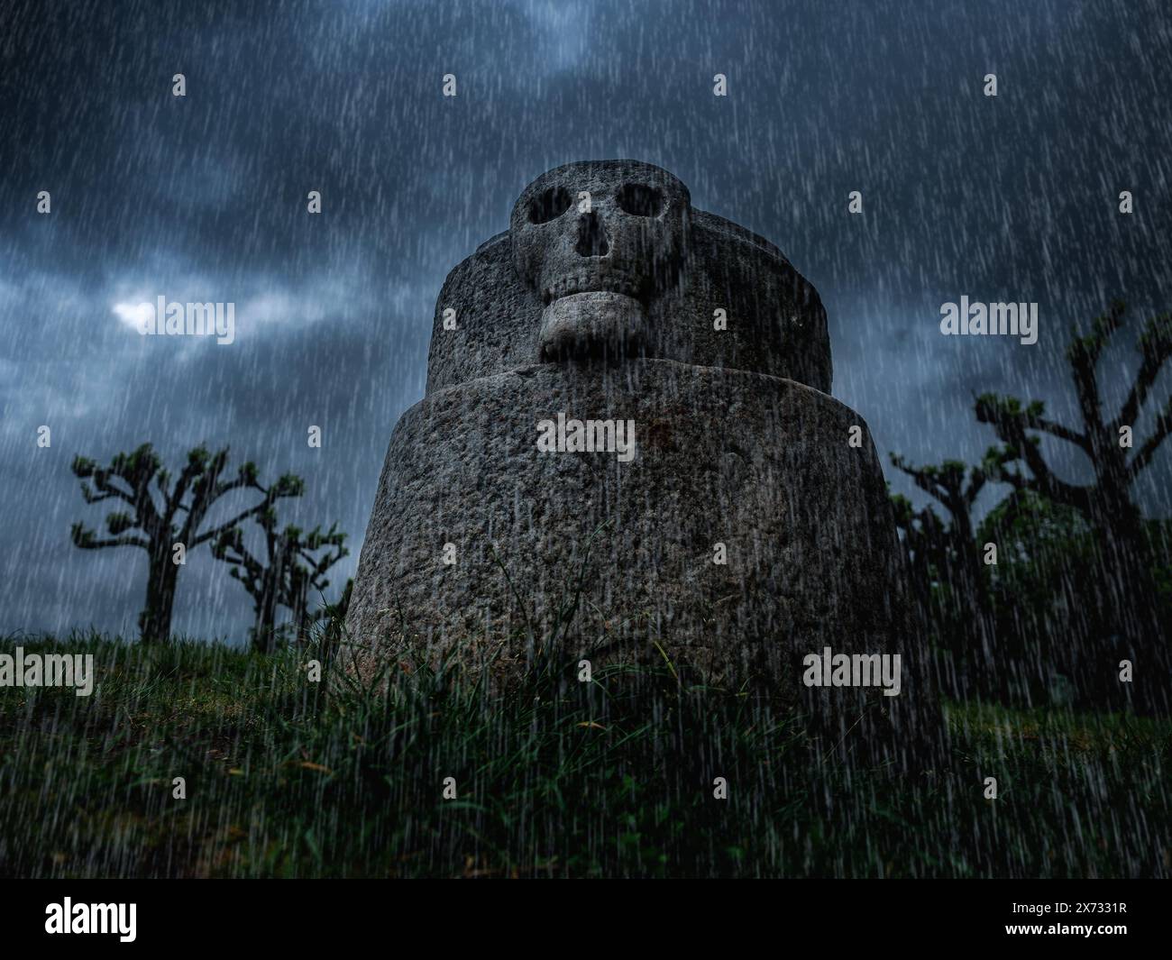 Skull shaped gravestone in pouring rain Stock Photo - Alamy