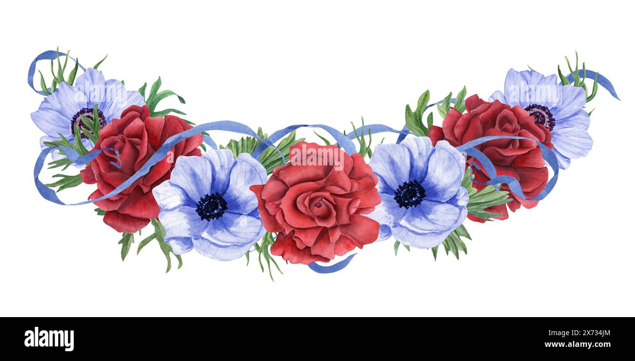 Remembrance Day floral wreath. Red rose and blue anemones. Blue ribbon ...