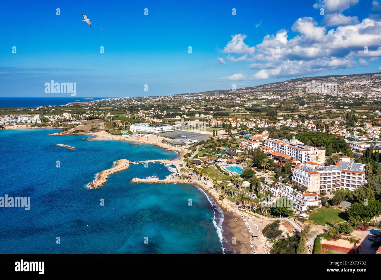 Aerial panoramic view of Coral bay beach, Cyprus. Overhead view of ...