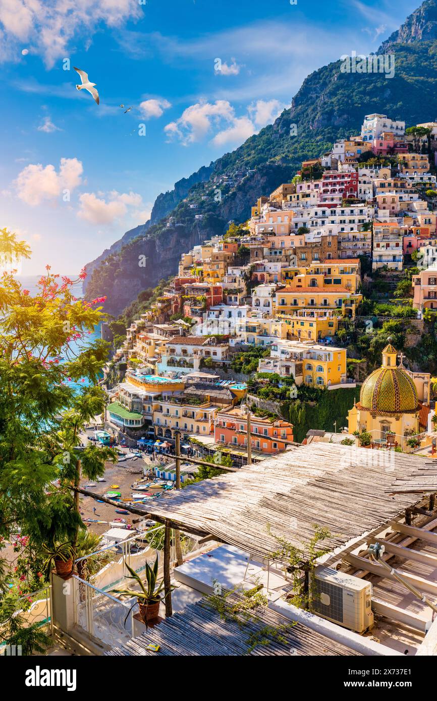 View of Positano with comfortable beach and blue sea on Amalfi Coast in ...