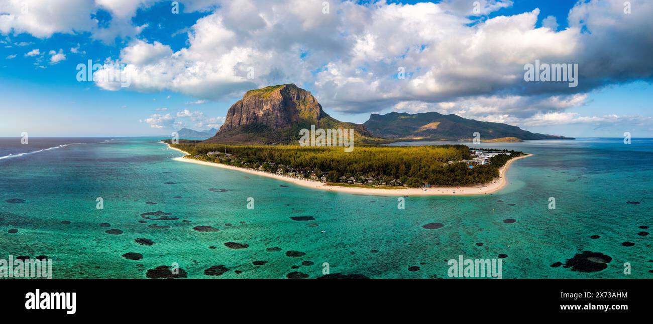 Aerial view of Le morne Brabant in Mauriutius. Tropical crystal ocean ...