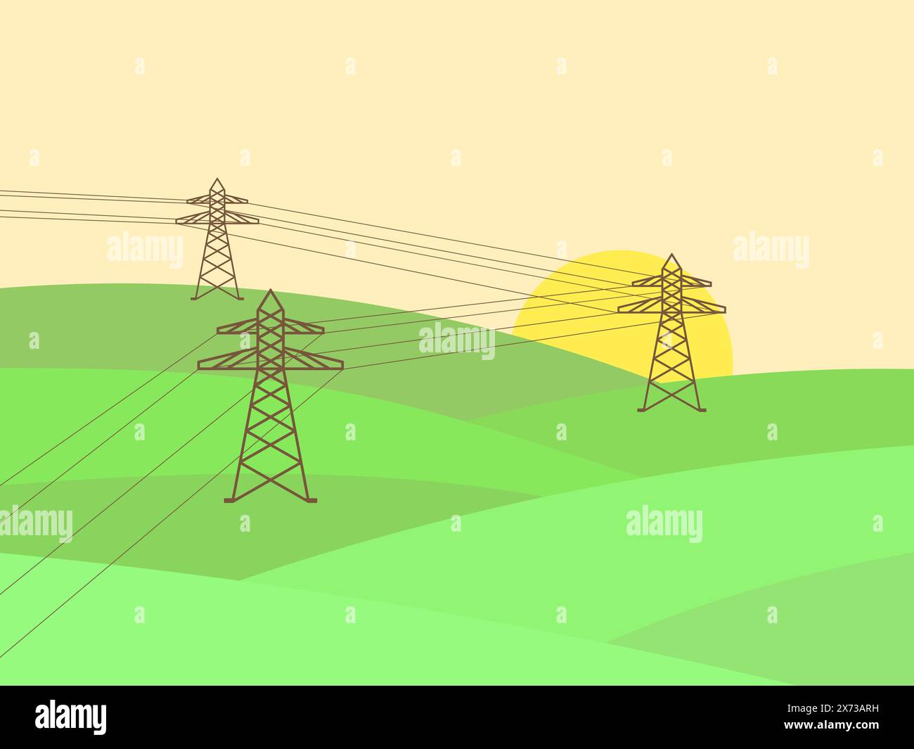 High-voltage power line among green hills. Wavy landscape with power ...