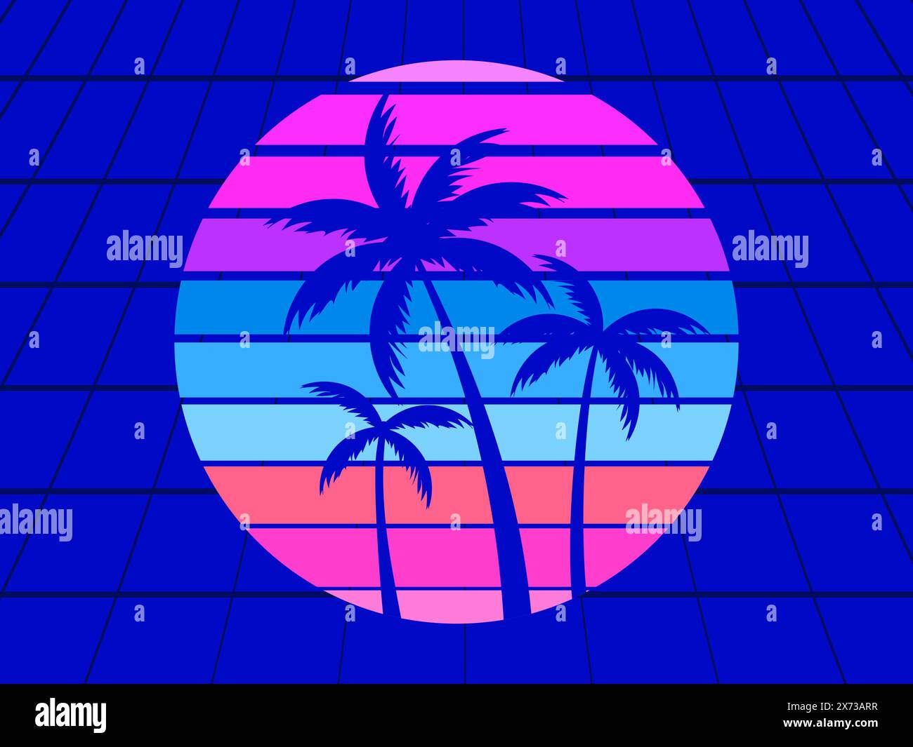 Retro sci-fi 80s palms at retro sunset. Futuristic sun with palm trees ...