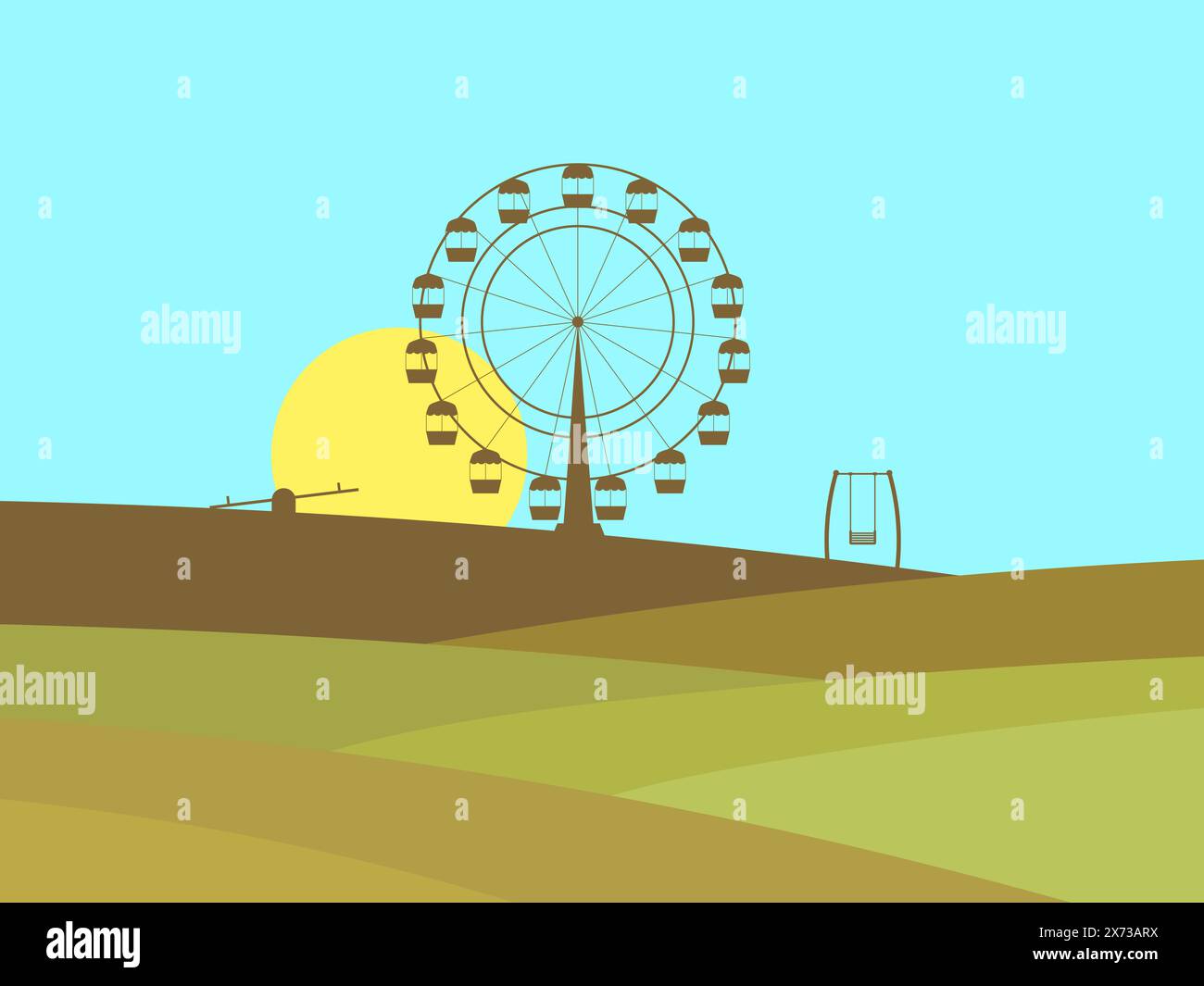 Landscape with the silhouette of a Ferris wheel and a swing in the ...