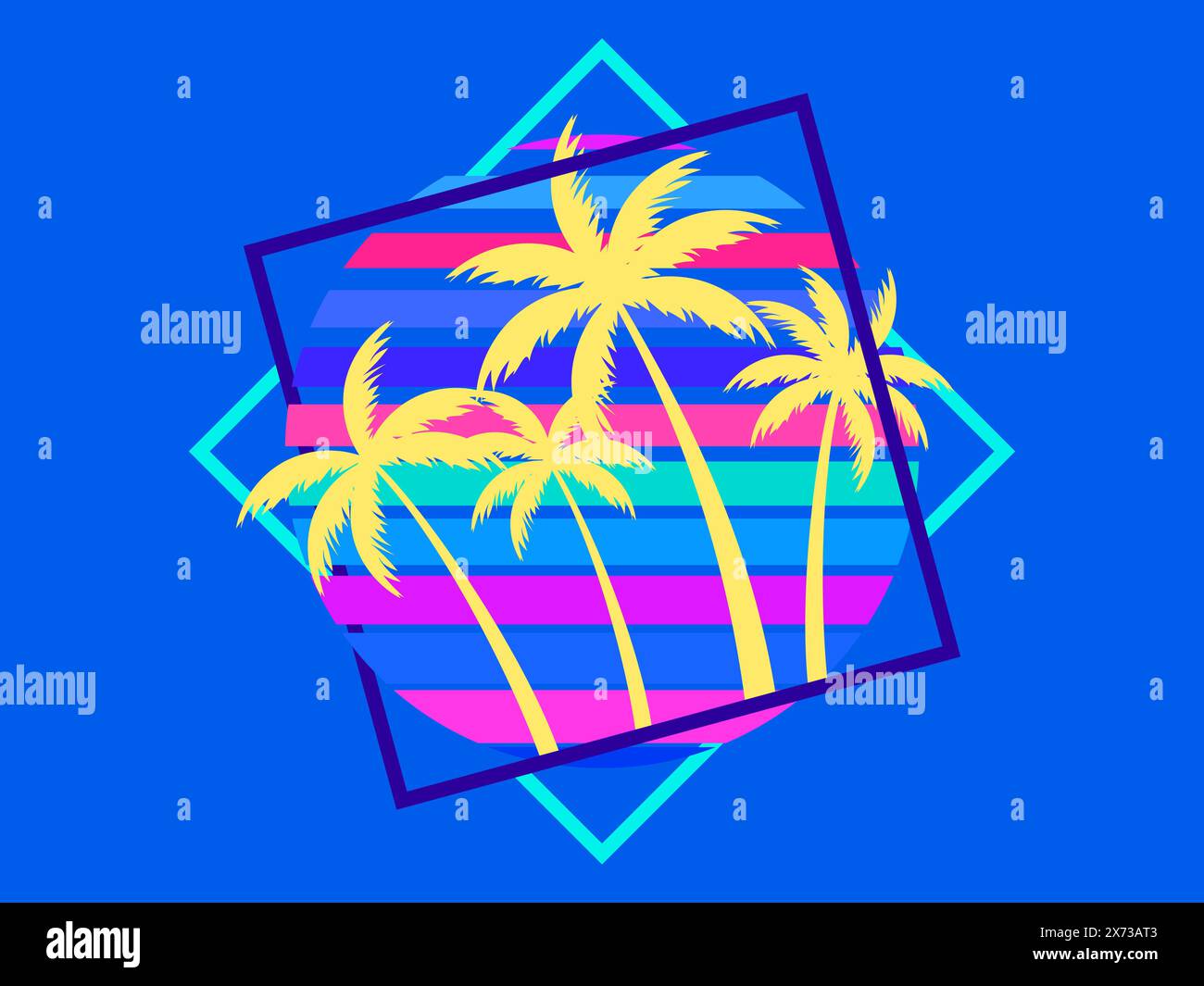 Retro sci-fi palm trees from the 80s at sunset in a square frame. Retro ...