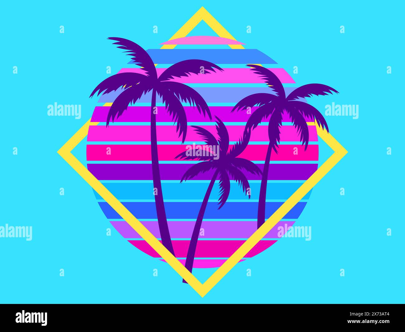 Retro sci-fi palm trees from the 80s at sunset in a square frame. Retro ...
