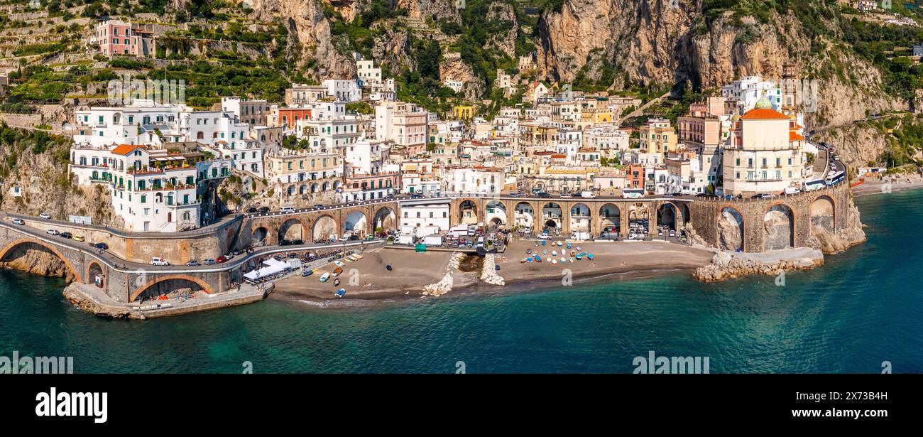 Aerial view of Atrani famous coastal village located on Amalfi Coast, Italy. Small town Atrani ...
