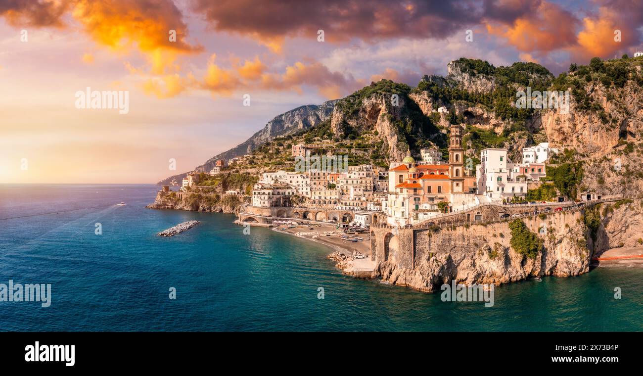 Aerial view of Atrani famous coastal village located on Amalfi Coast, Italy. Small town Atrani ...