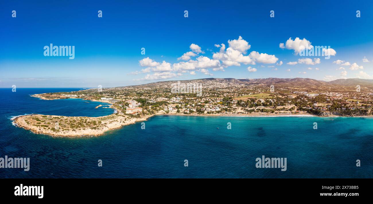 Aerial panoramic view of Coral bay beach, Cyprus. Overhead view of ...