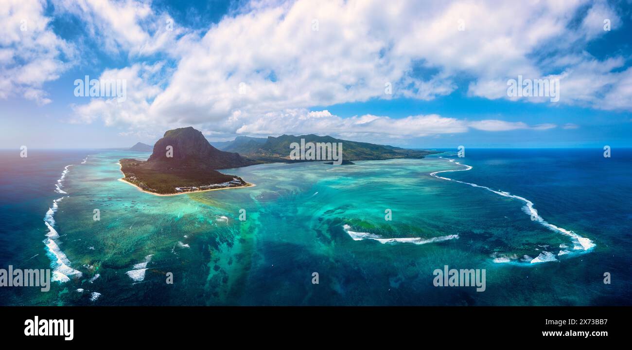 Aerial view of Mauritius island panorama and famous Le Morne Brabant ...