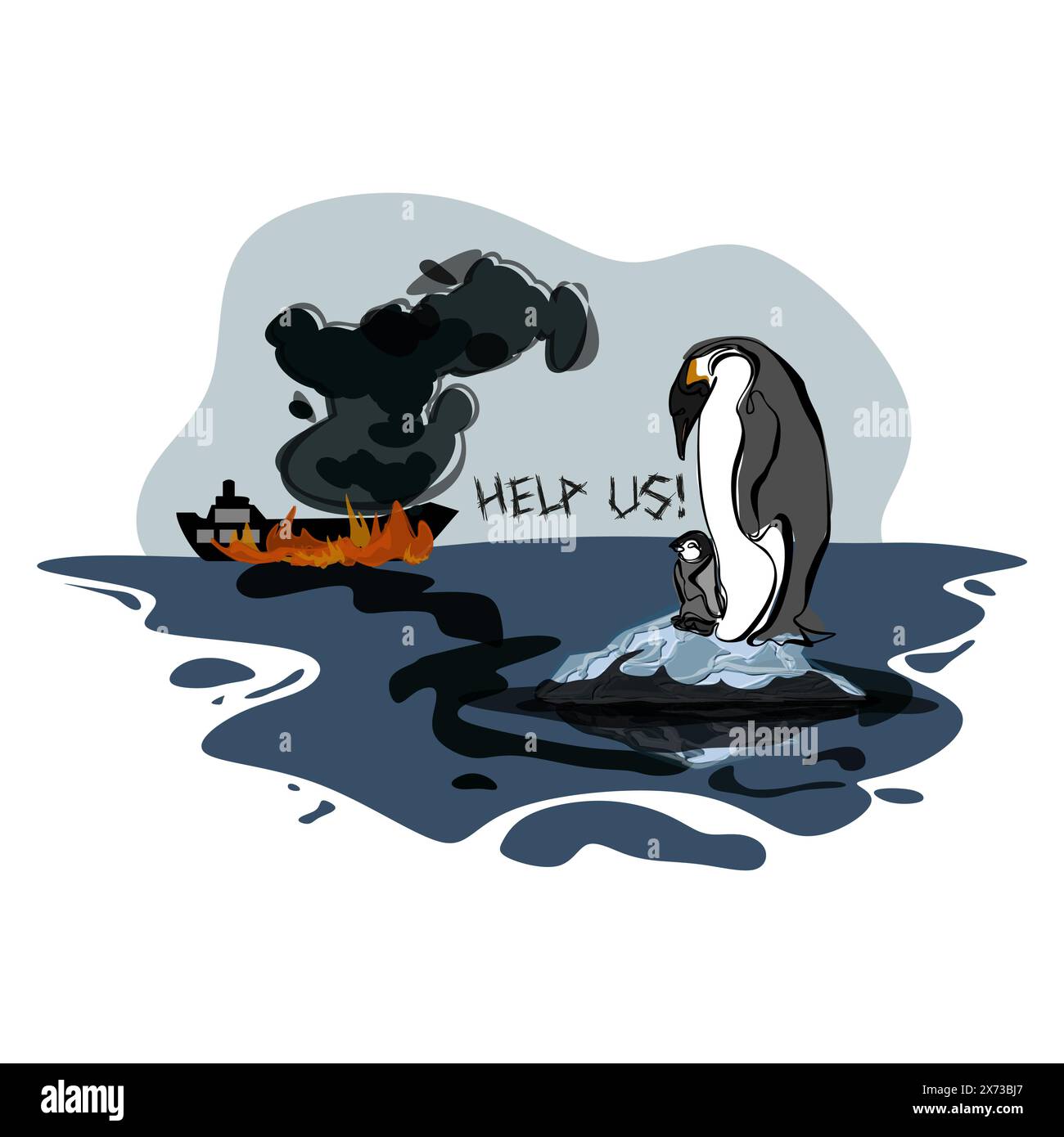 Oil spill in sea and dirty penguin. Environment disaster, ocean ...