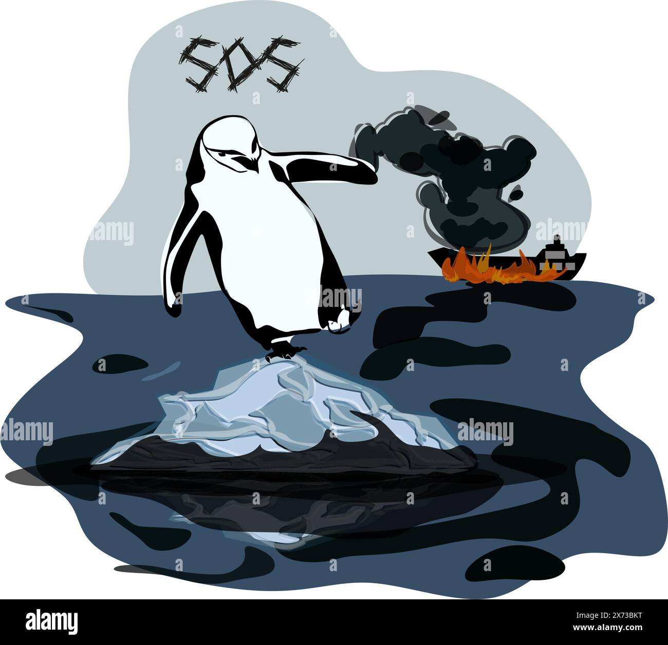 Oil spill in sea and dirty penguin. Environment disaster, ocean ...