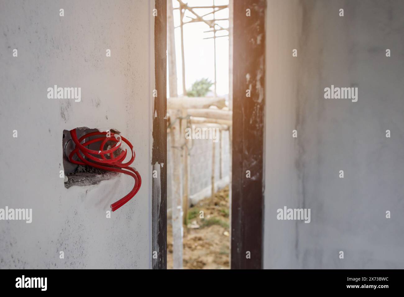 electric line in the wall socket at house construction Stock Photo - Alamy