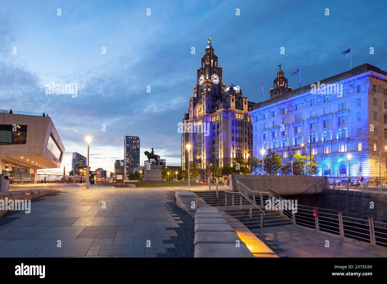Evening at the Three Graces on Liverpool's waterfront, England Stock ...