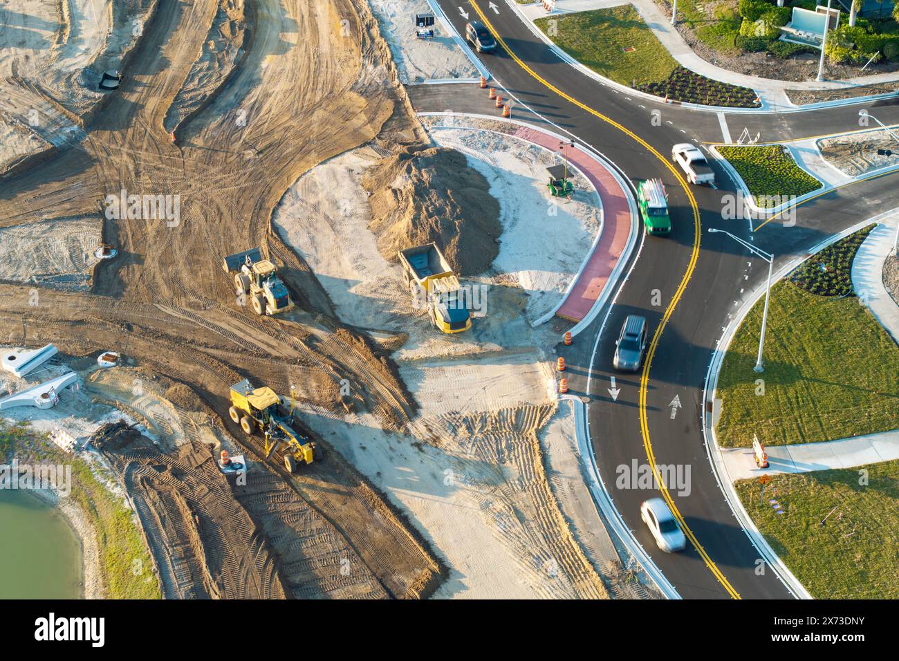 Aerial view of busy American highway road under construction ...