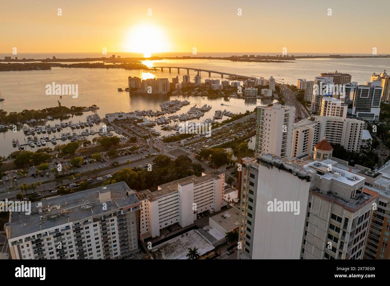 Above view of Sarasota city, Florida with yachts in bay harbor and ...