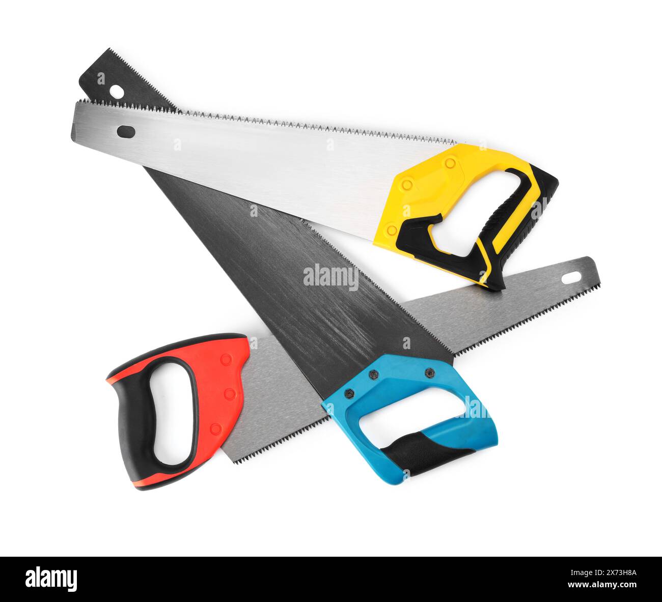 Saws with colorful handles isolated on white, top view Stock Photo - Alamy