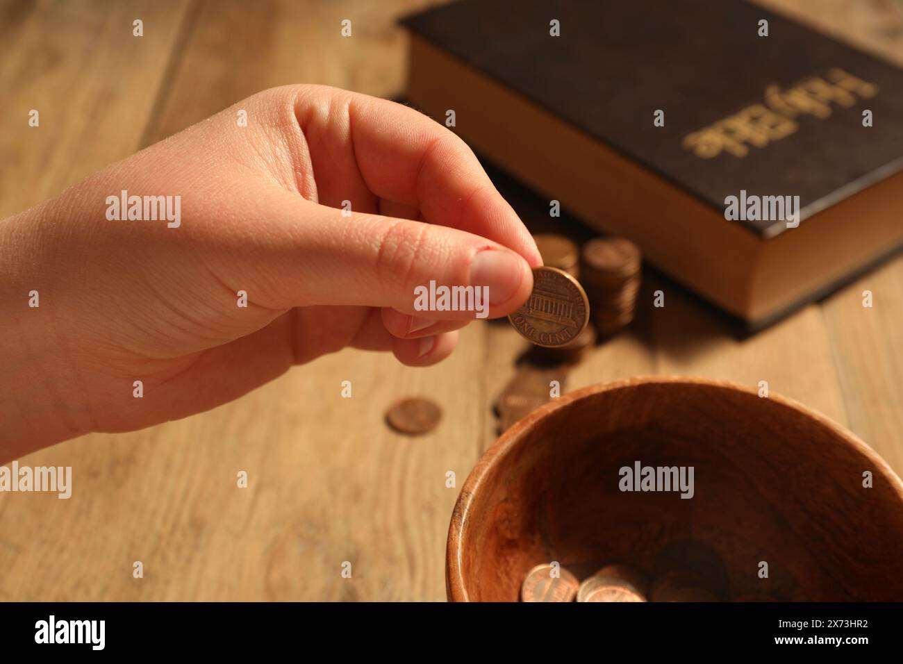 Donate and give concept. Woman putting coin into bowl at table, closeup ...