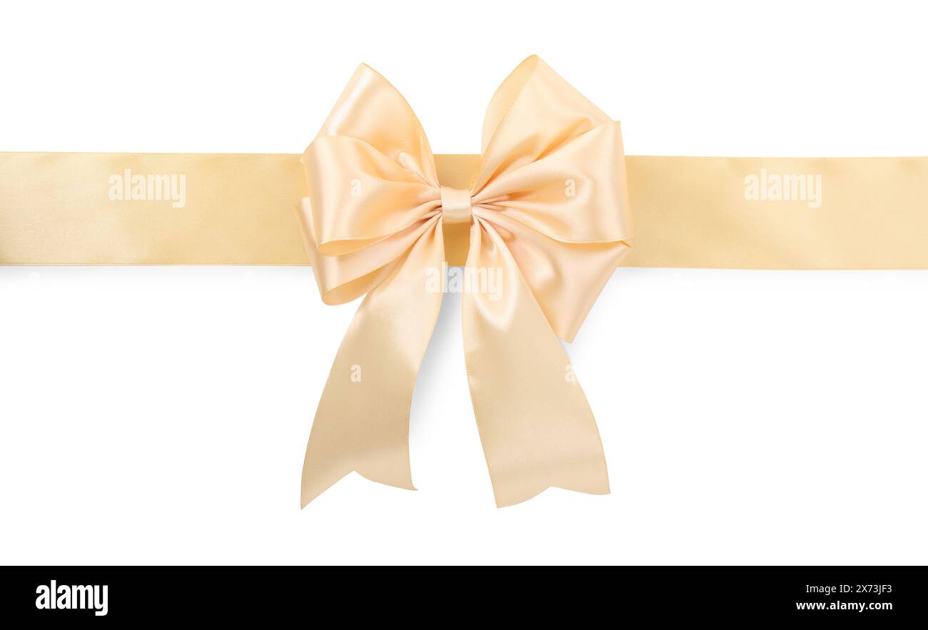 Beige satin ribbon with bow isolated on white, top view Stock Photo - Alamy