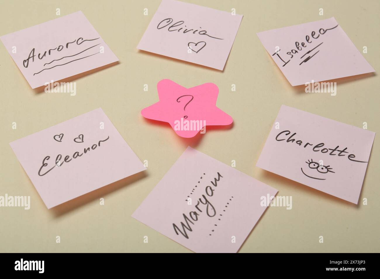 Choosing baby name. Paper stickers with different names and question ...