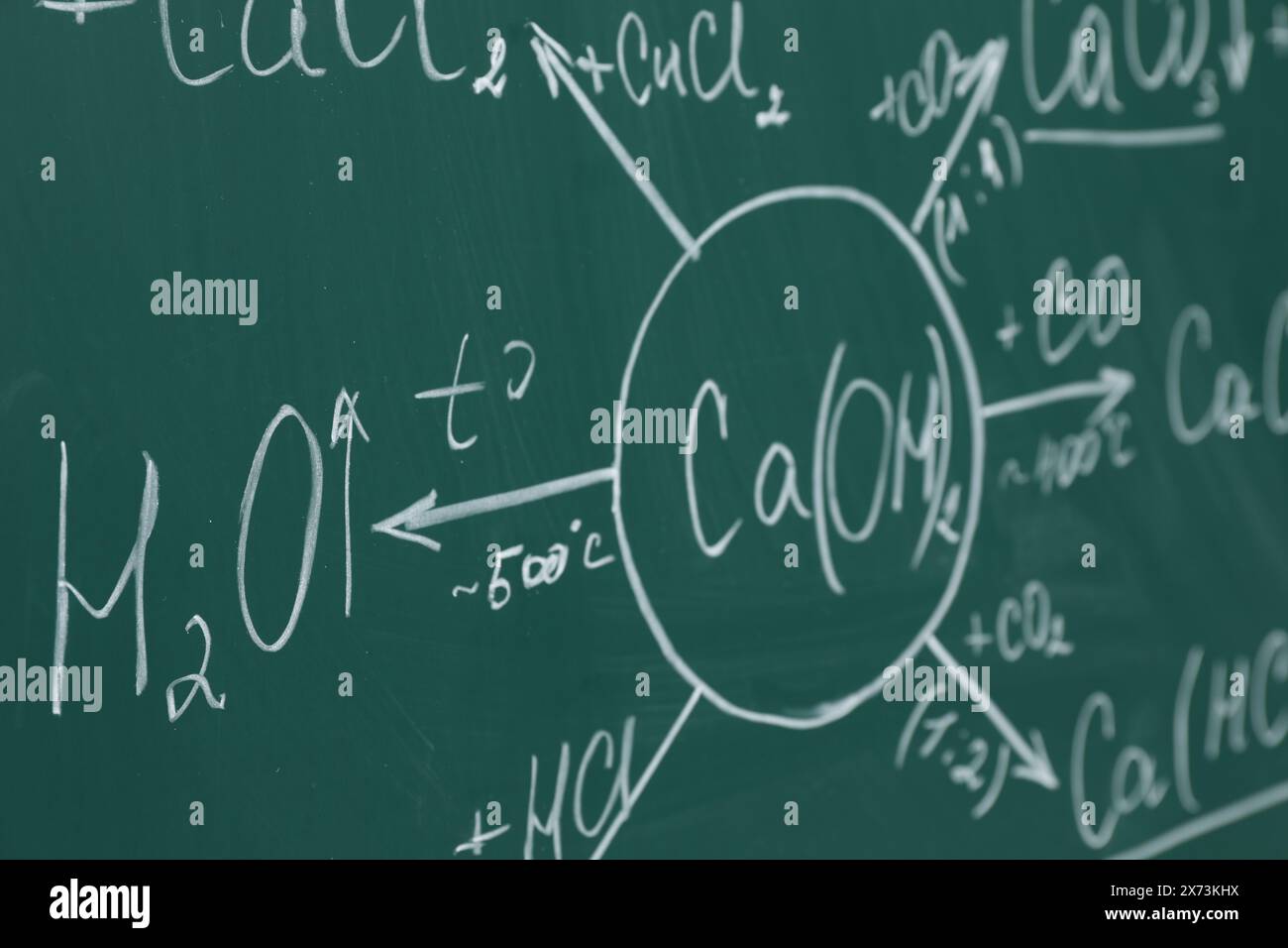Chemical formulas written with chalk on green board, closeup Stock ...