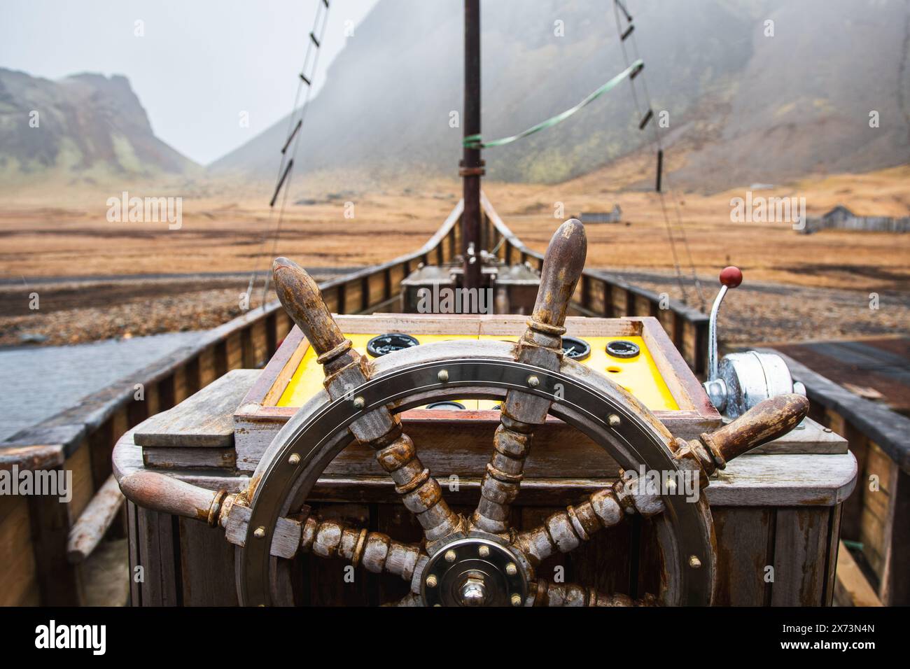 Viking ship in Icelandic viking village. On deck panoramic view and ...