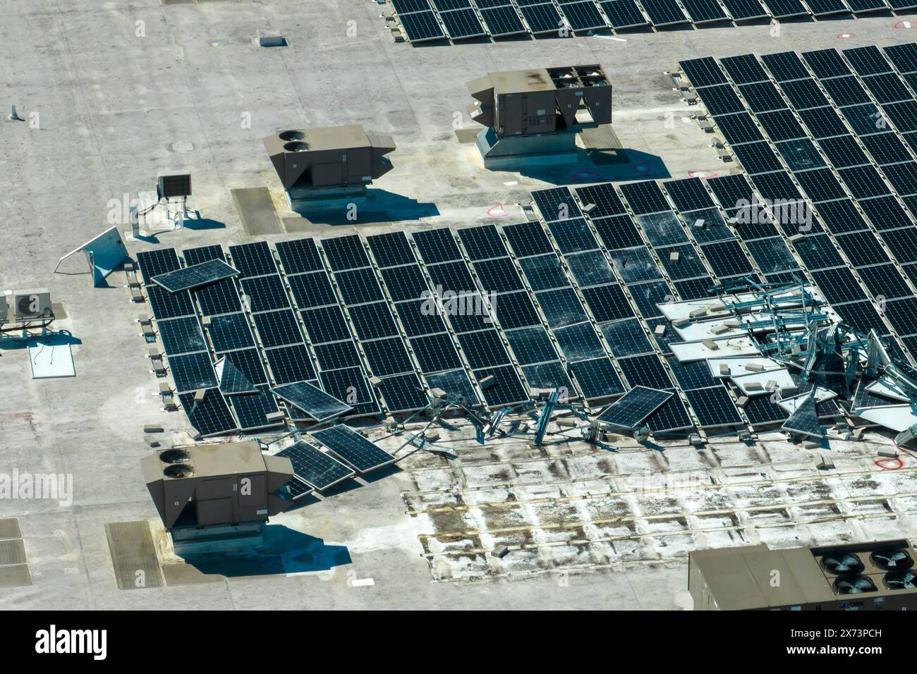 Top view of destroyed by hurricane Ian photovoltaic solar panels ...