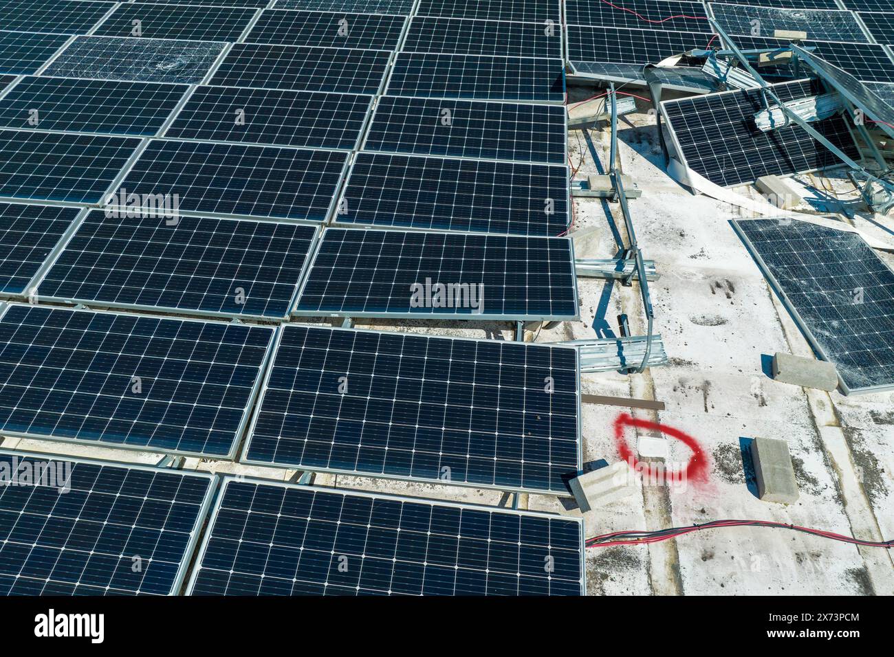 Broken down photovoltaic solar panels destroyed by hurricane Ian winds ...