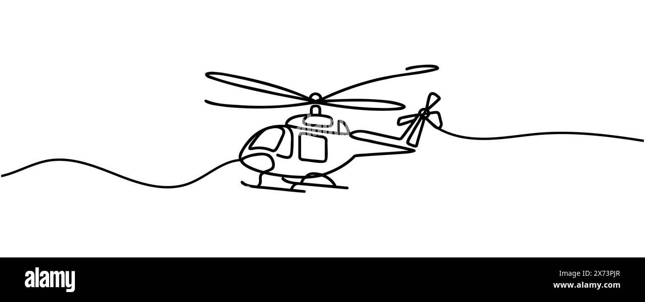 continuous line helicopter in flight. Drawing black thin line on white ...