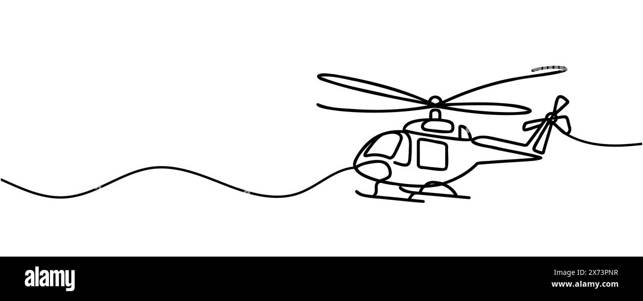 continuous line helicopter in flight. Drawing black thin line on white ...