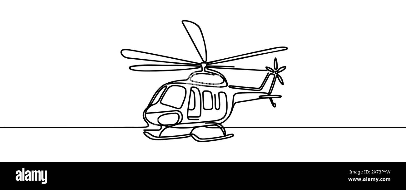 continuous line helicopter in flight. Drawing black thin line on white ...