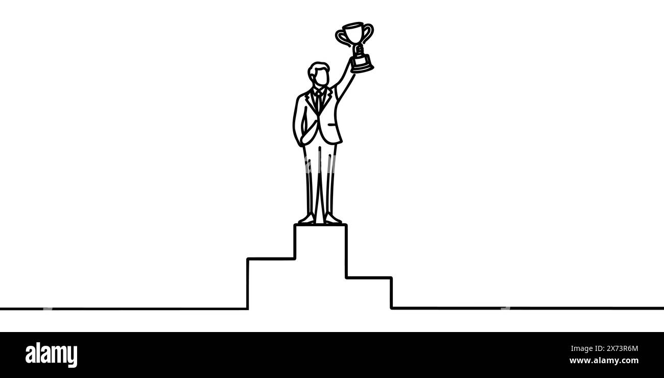 One line drawing of a young businessman in a suit lifting a golden ...