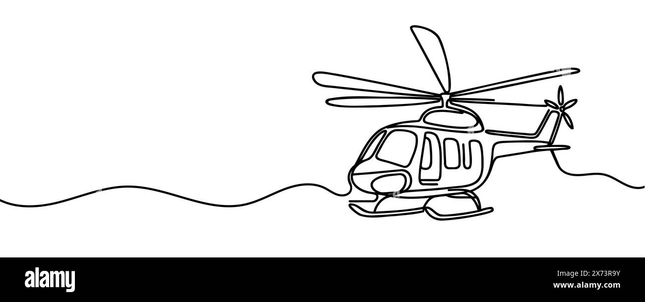 continuous line helicopter in flight. Drawing black thin line on white ...
