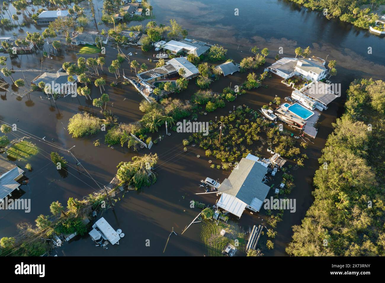 Aftermath of natural disaster. Surrounded by hurricane rainfall flood ...