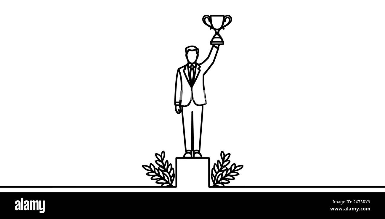 One line drawing of a young businessman in a suit lifting a golden ...