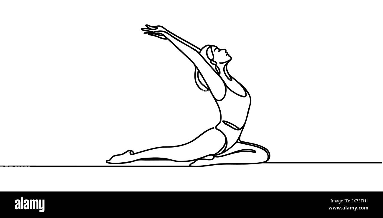 Continuous line art or One Line Drawing of a woman stretching arms is ...
