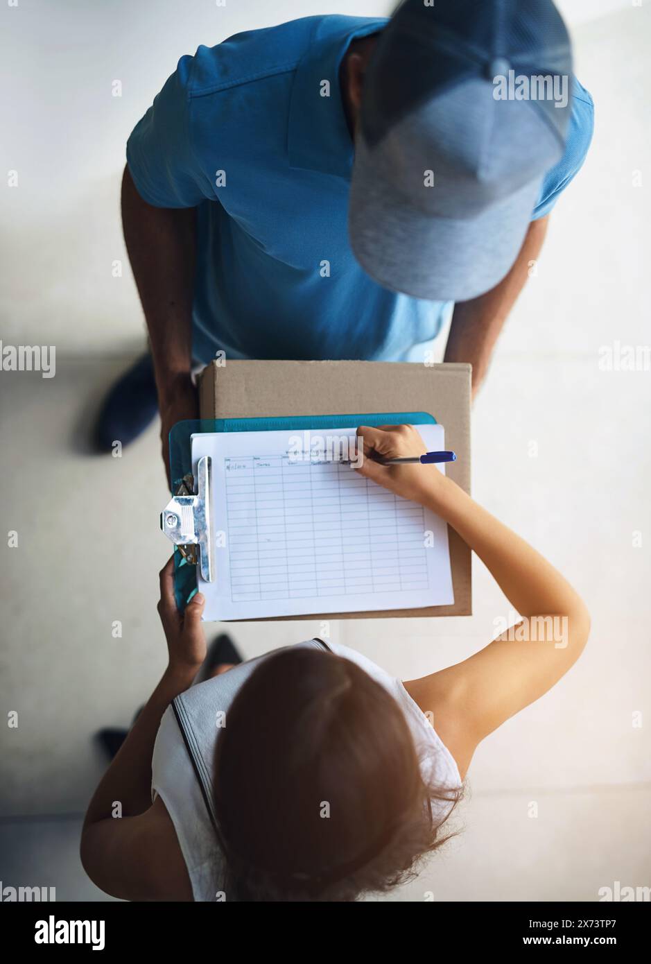 Document, delivery and woman sign for box, shipping or ecommerce ...