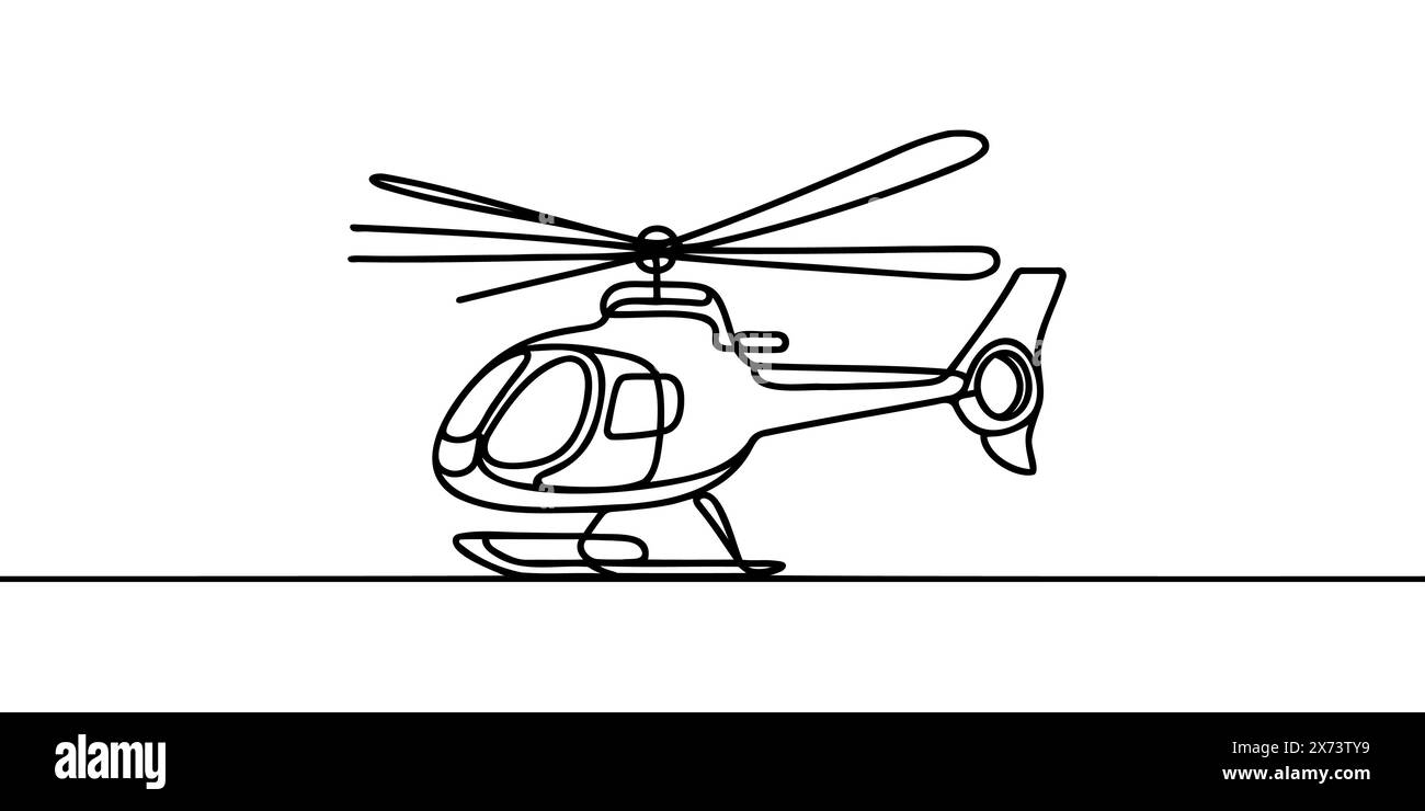 continuous line helicopter in flight. Drawing black thin line on white ...