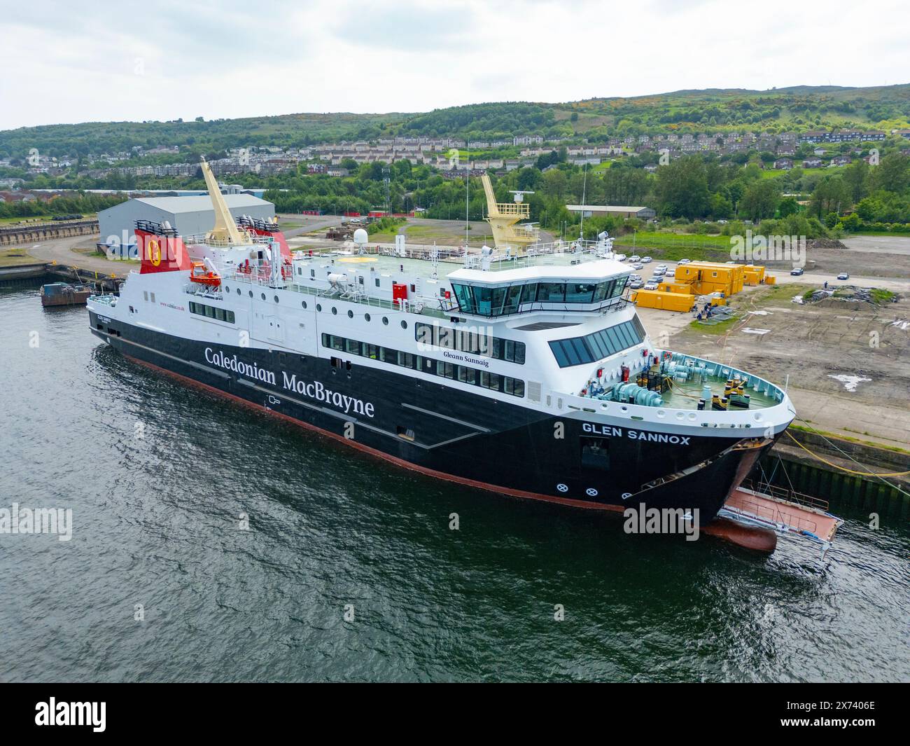 Aerial view of Glen Sannox Ferry tied up in Greenock, Scotland, UK ...